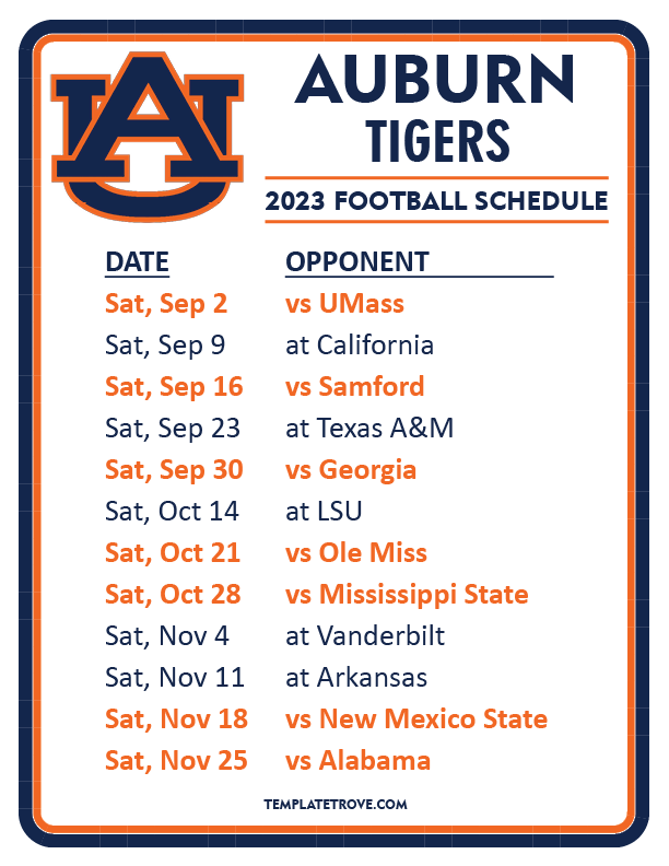Printable 2023 Auburn Tigers Football Schedule Printable 2023 Auburn Tigers Football Schedule